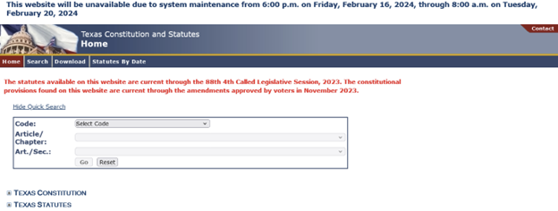 Texas Constitution and Statutes Web Page Undergoing Maintenance, but ...